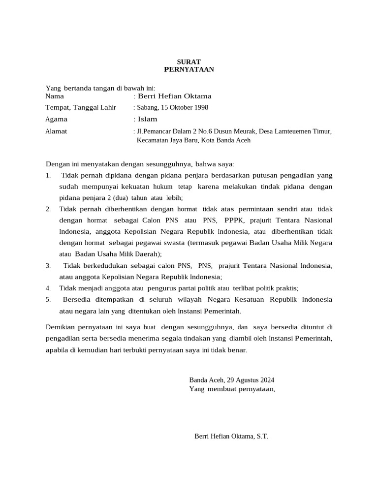 20240820165603 Lampiran III Surat Pernyataan | PDF