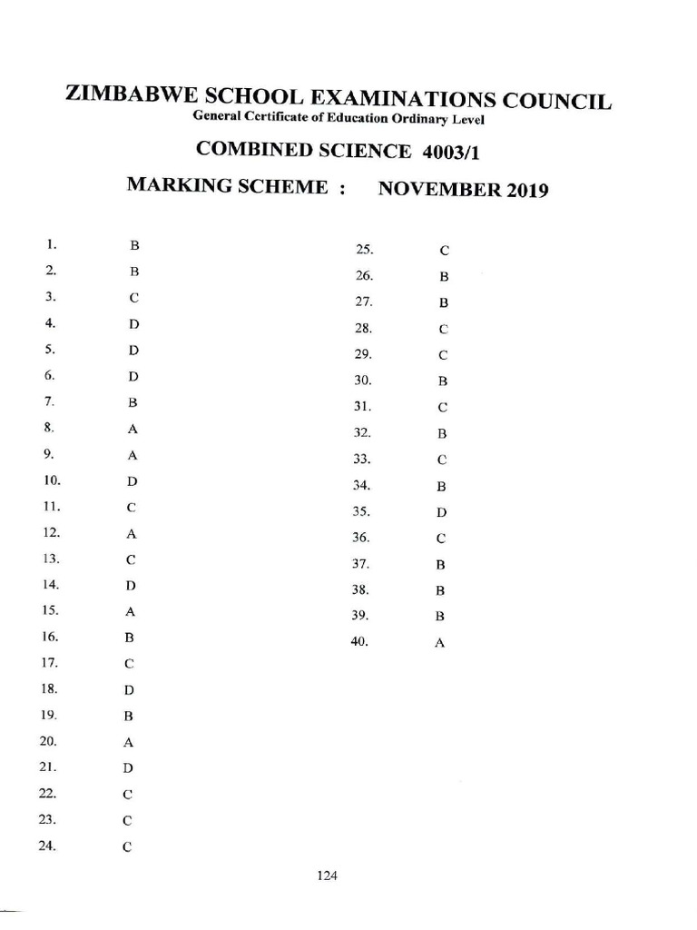 Zimsec November 2019 Combined Science Paper 1 Answers | PDF