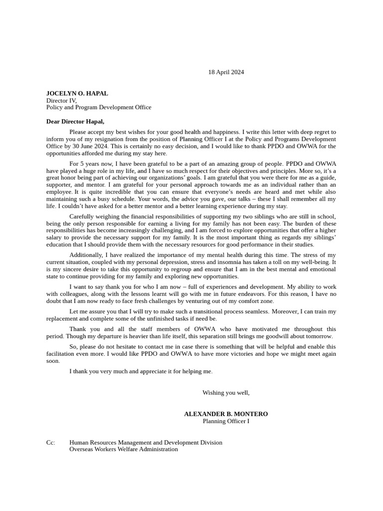 Resignation Paper Sample | PDF | Mentorship | Psychological Concepts