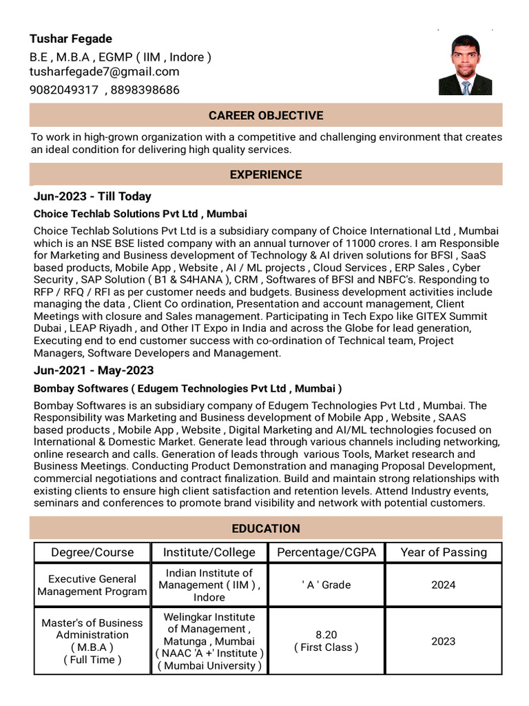 Resume Tushar Format7 | PDF | Business