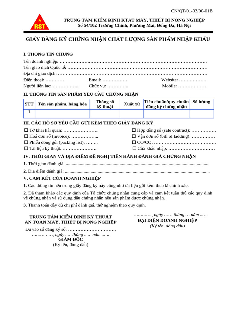 BM 01 01 B Giay Dang Ky CN Nhap Khau | PDF