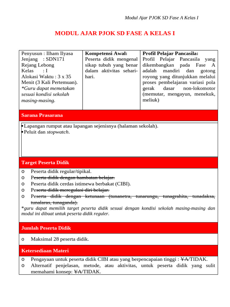 Modul Ajar Pjok 1 SIKAP TUBUH | PDF