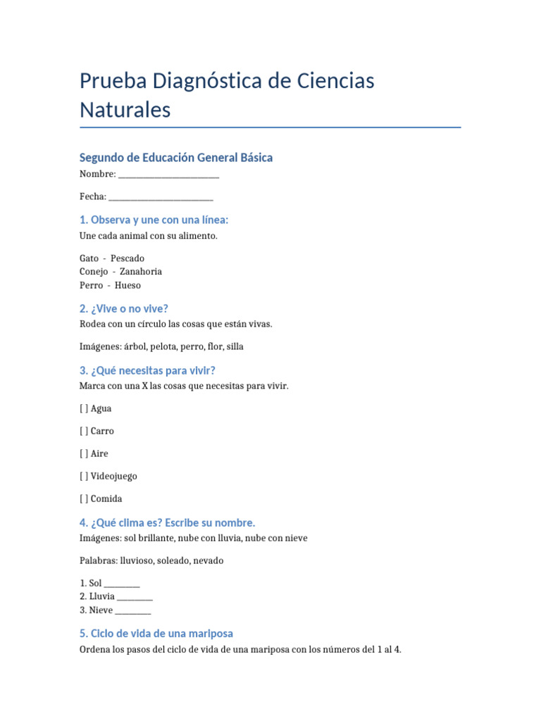 Prueba Diagnostica Ciencias Segundo Basica | PDF