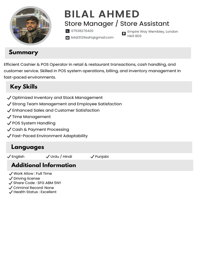 Bilal Ahmed CV For Assitant Staff True | PDF