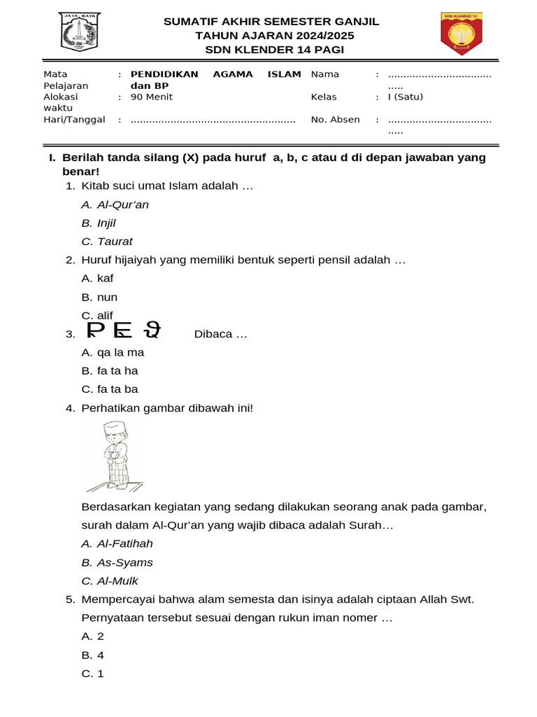 Naskah Soal SAS Kelas 1_pai (1) | PDF