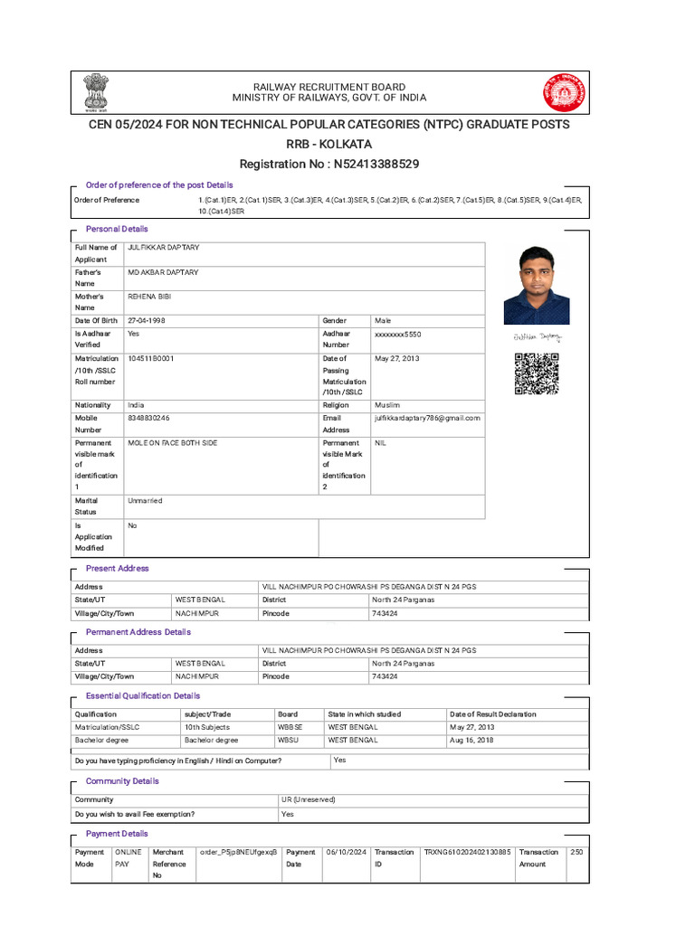 RRB NTPC Candidate Registration Details | PDF