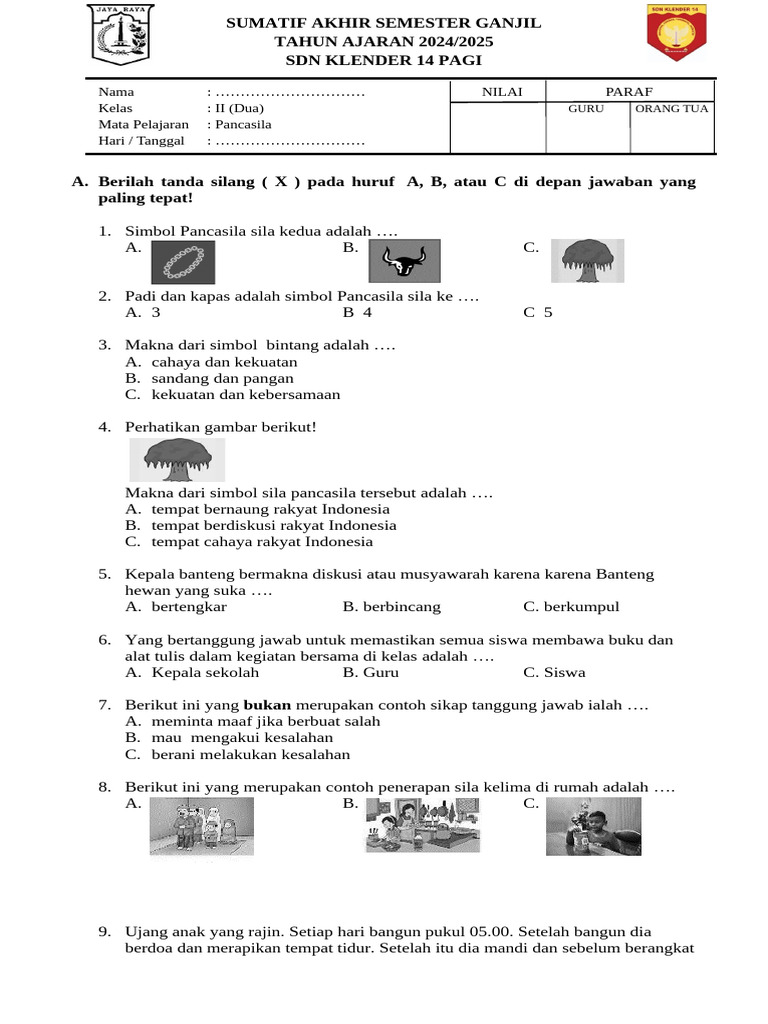 SOAL SAS 1 Pend. Pancasila Kelas 2 | PDF