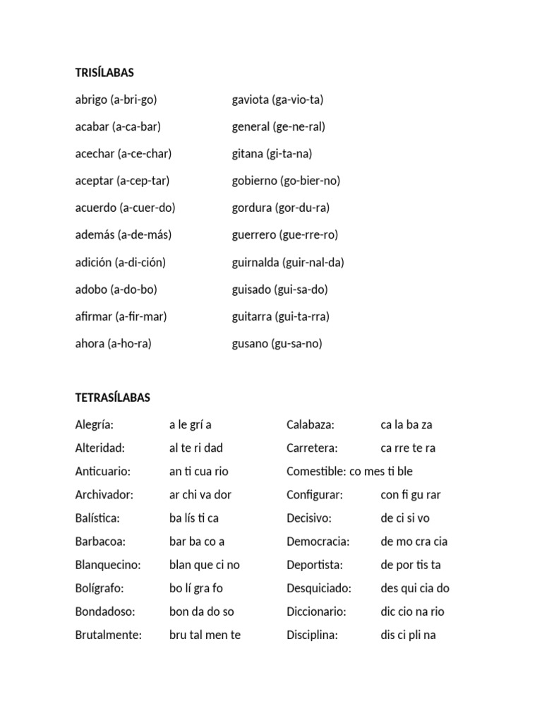 Palabras trisílabas y su separación | PDF