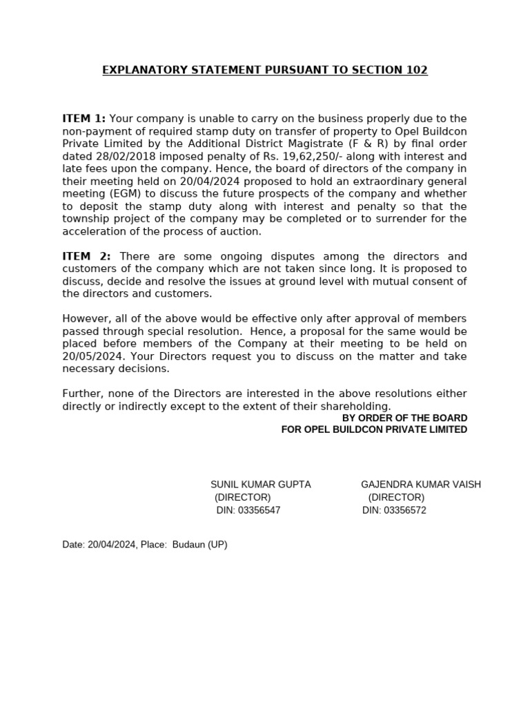 Explanatory Statement Pursuant To Section 102 | PDF