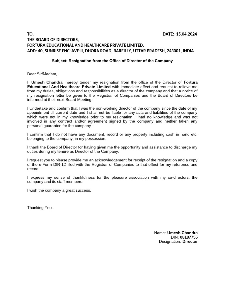 Umesh Chandra Resignation Letter | PDF