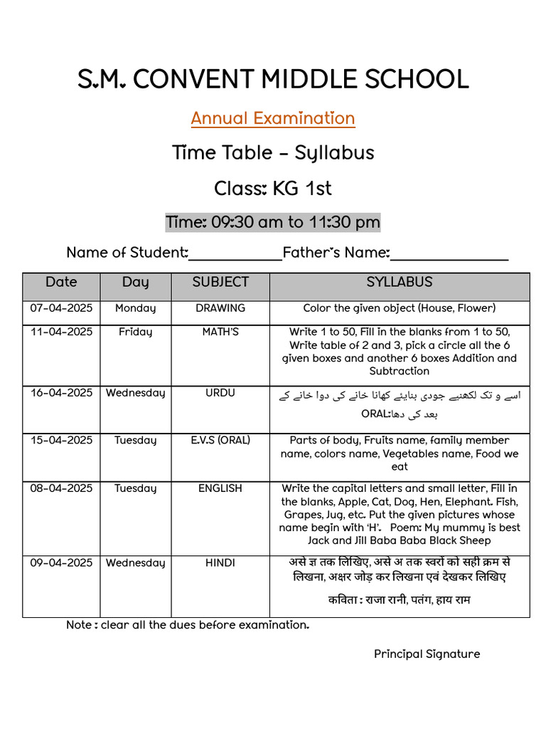 KG1st Exam Time Table | PDF
