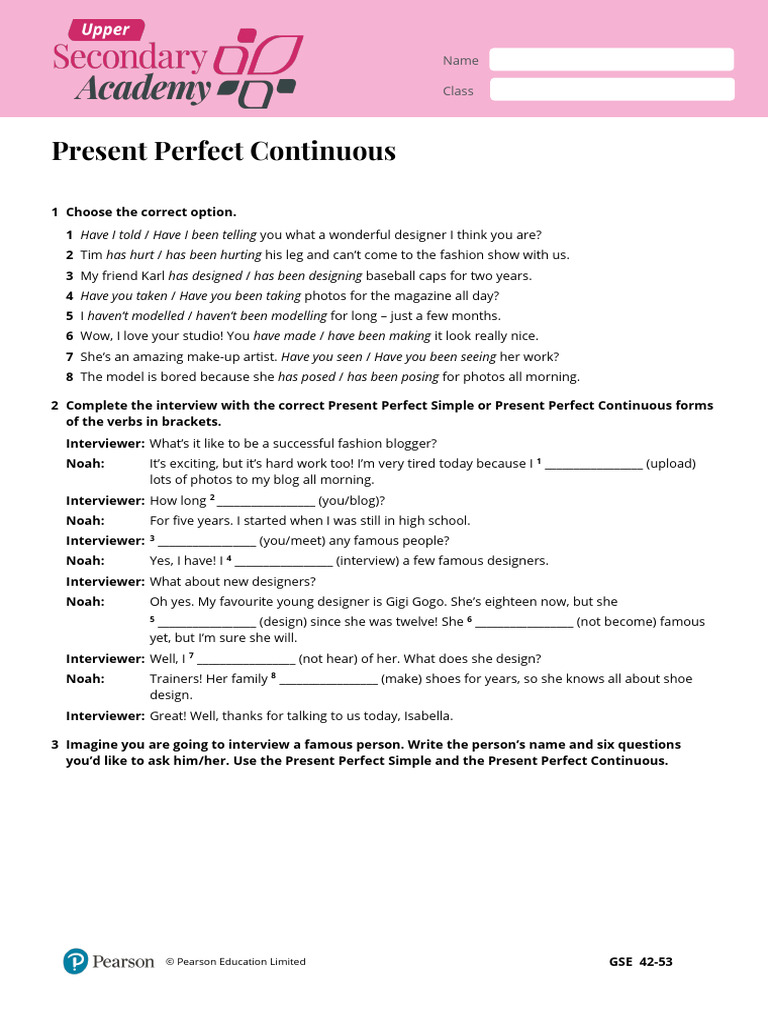 SecondaryAcademy L3 Present Perfect Continuous Worksheet | PDF