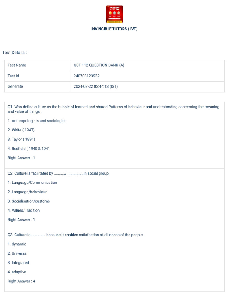 GST 112 Practice Questions by Invincible Cystem | PDF | Morality | Social Psychology