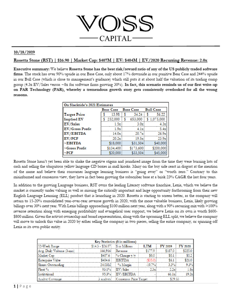 Rosetta Stone Investment Memo - VOSS Capital | PDF | Dyslexia | Learning