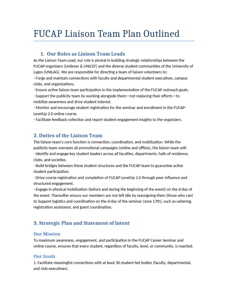FUCAP Liaison Team Plan Outlined | PDF | Communication | Social Psychology