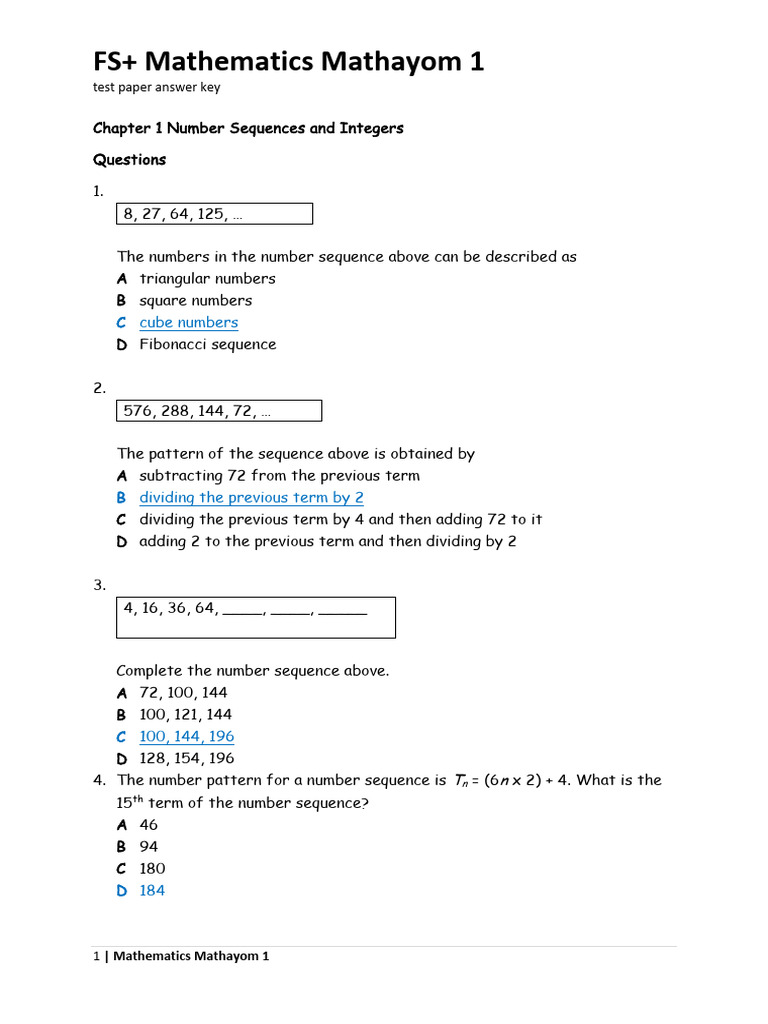 FS Maths M1 Test Paper - Key | PDF | Numbers | Sequence