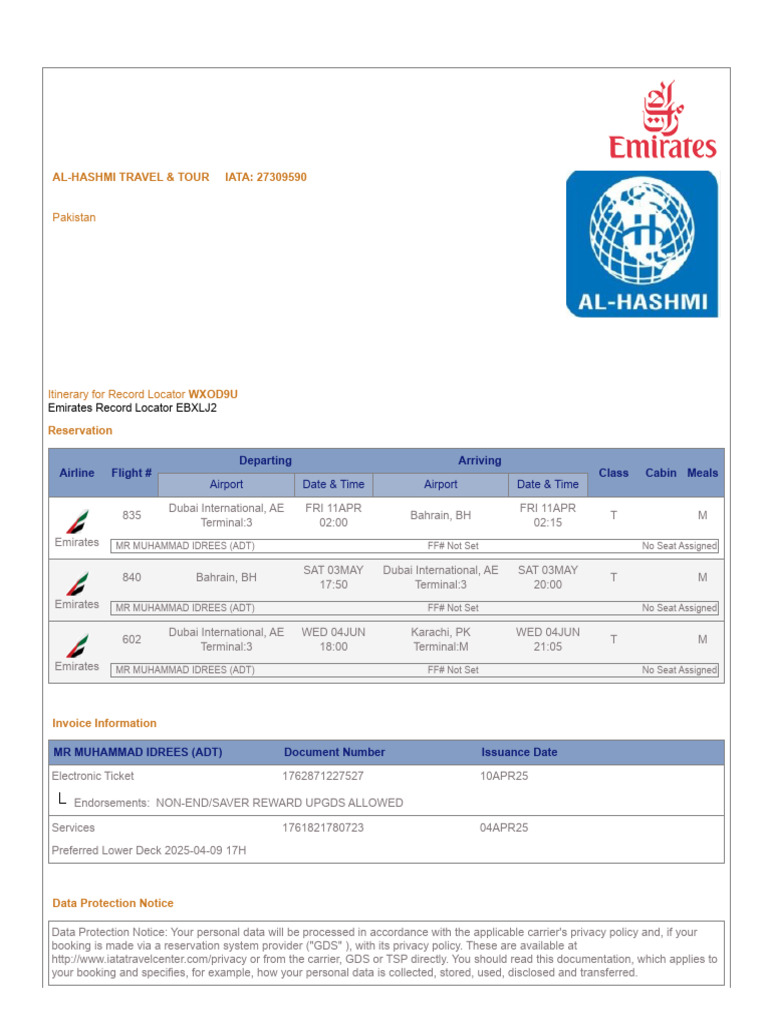 Emirates Flight Itinerary for IDREES | PDF | Emirates (Airline) | Transport