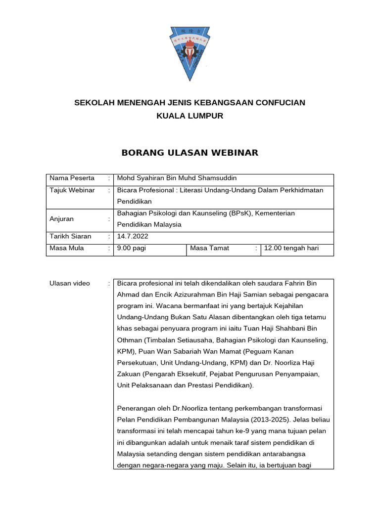 Borang Ulasan Webinar Literasi Undang Undang Dalam Perkhidmatan | PDF