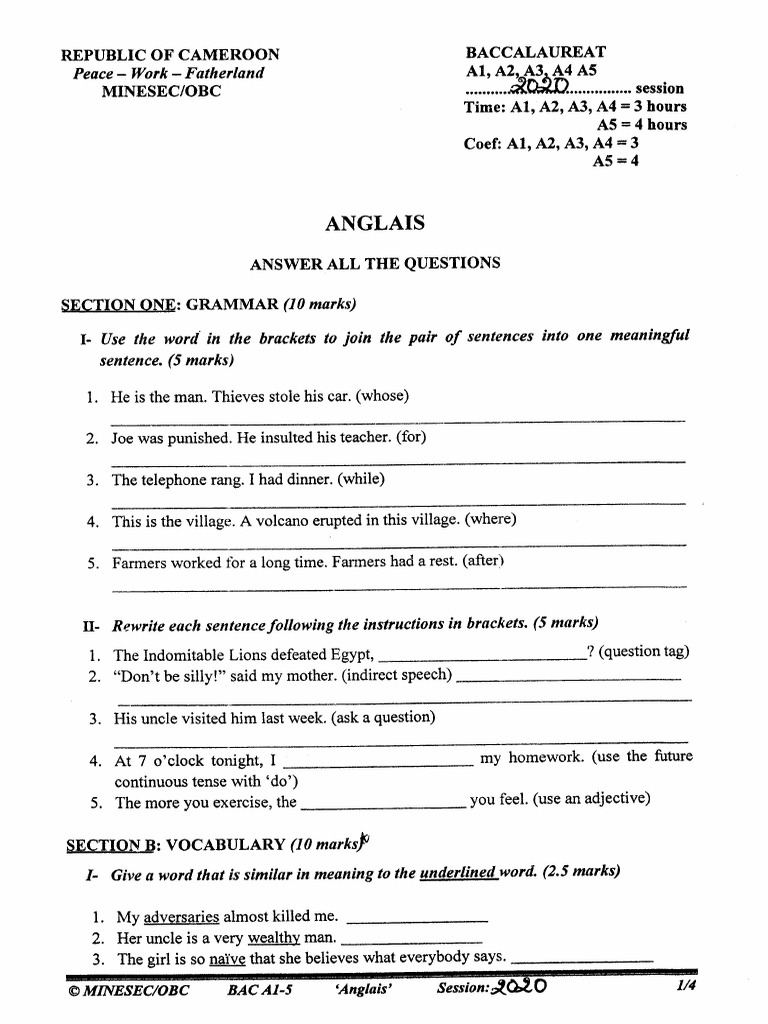Cameroun BAC A1A2A3A4A5 2020 Anglais | PDF