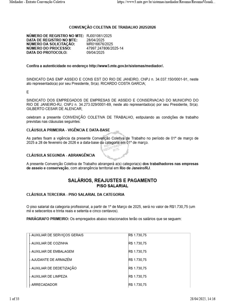 CCT Asseio 2025 2026 Homologada | PDF | Salário | Acordo coletivo