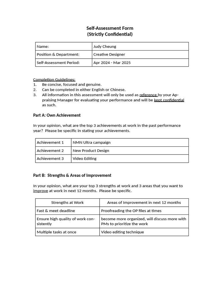 Judy Cheung's Self-Assessment 2024-2025 | PDF