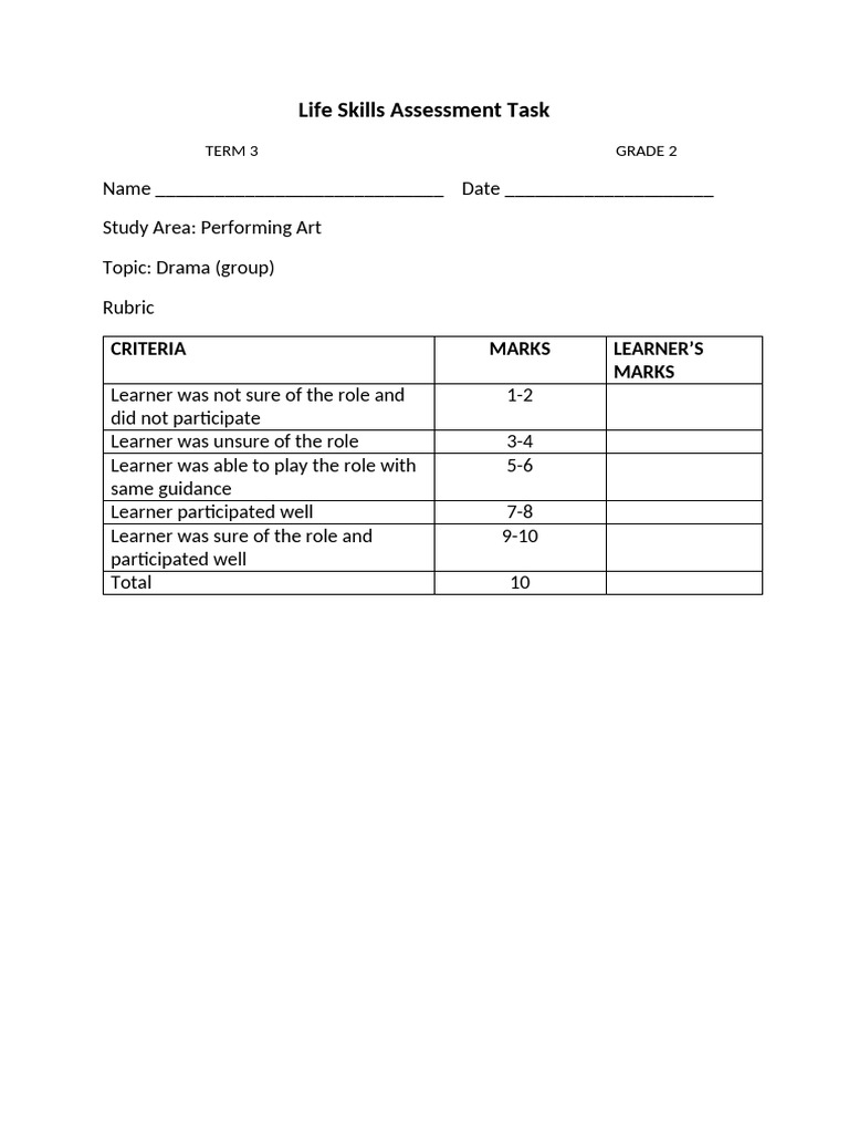 Grade 2 Term 3 Life Skills Assessment | PDF
