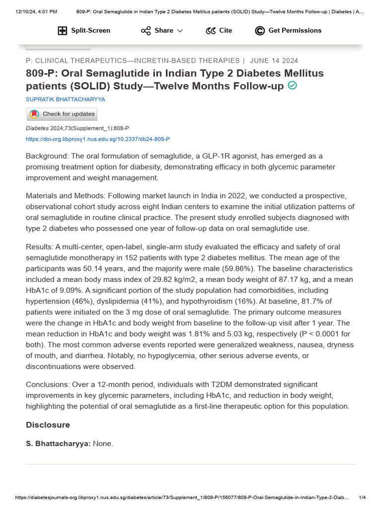 809-P - Oral Semaglutide in Indian Type 2 Diabetes Mellitus Patients ...