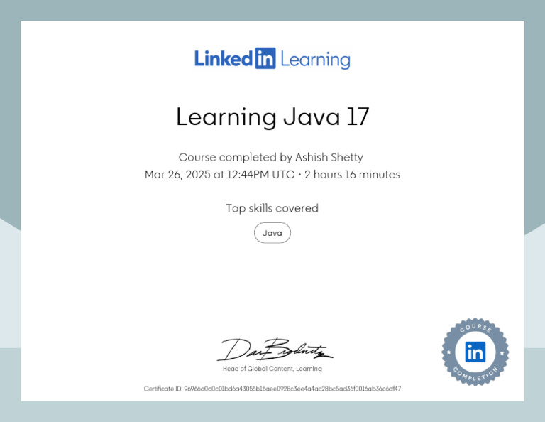 CertificateOfCompletion - Learning Java 17 | PDF