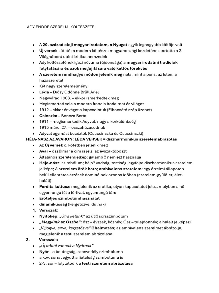 Ady Endre Szerelmi Költészete | PDF