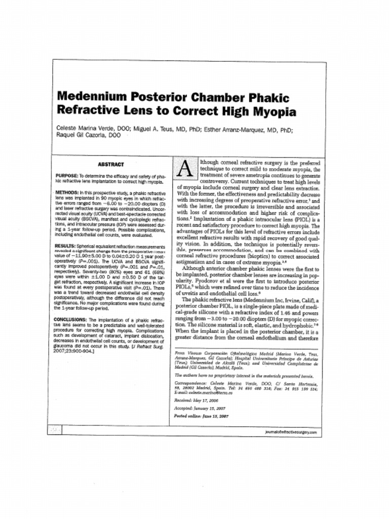 Medennium Posterior Chamber Phakic Refractive Lens To Correct High ...