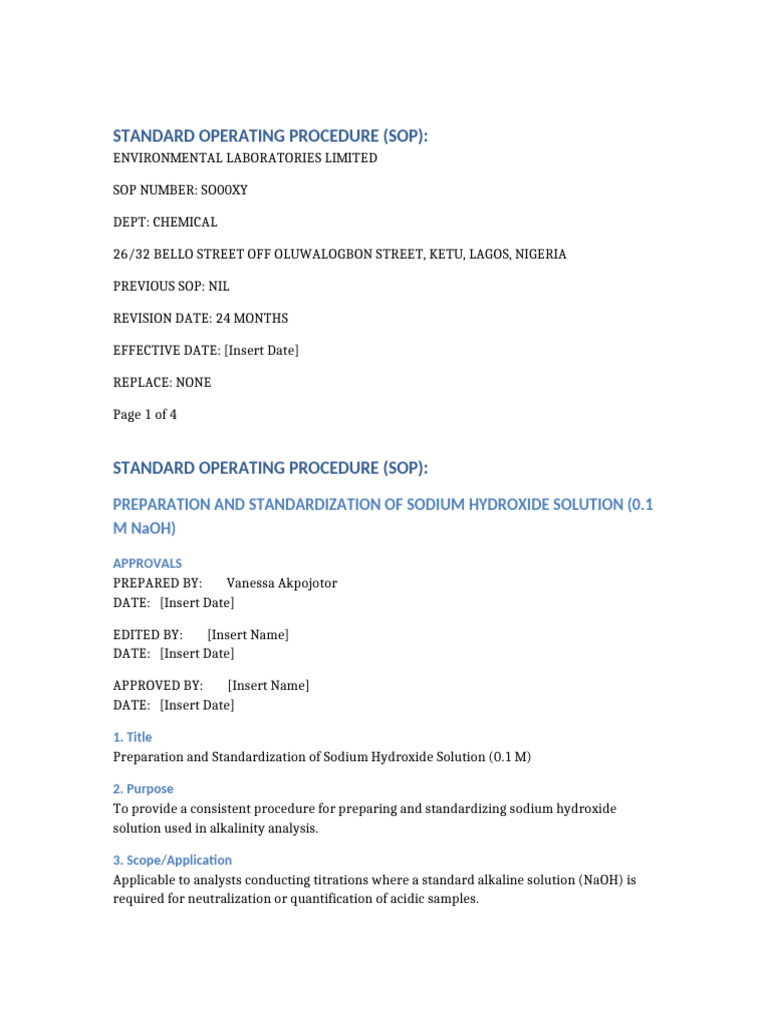 NaOH Solution Preparation SOP | PDF | Sodium Hydroxide | Titration