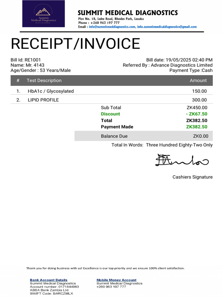 Patient Invoice for Lab Tests RE1001 | PDF