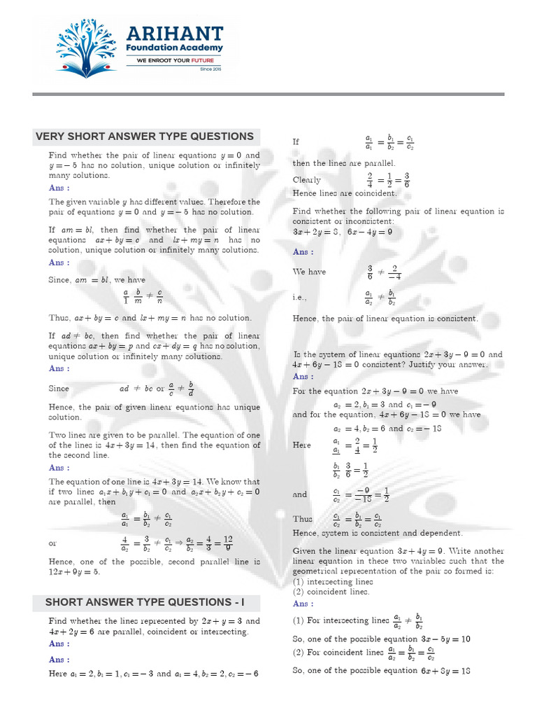 Previous Year Question Linear | PDF | Equations | System Of Linear ...