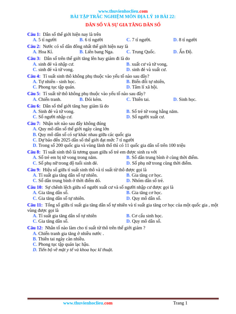Trac Nghiem Dia Ly 10 Bai 22 | PDF