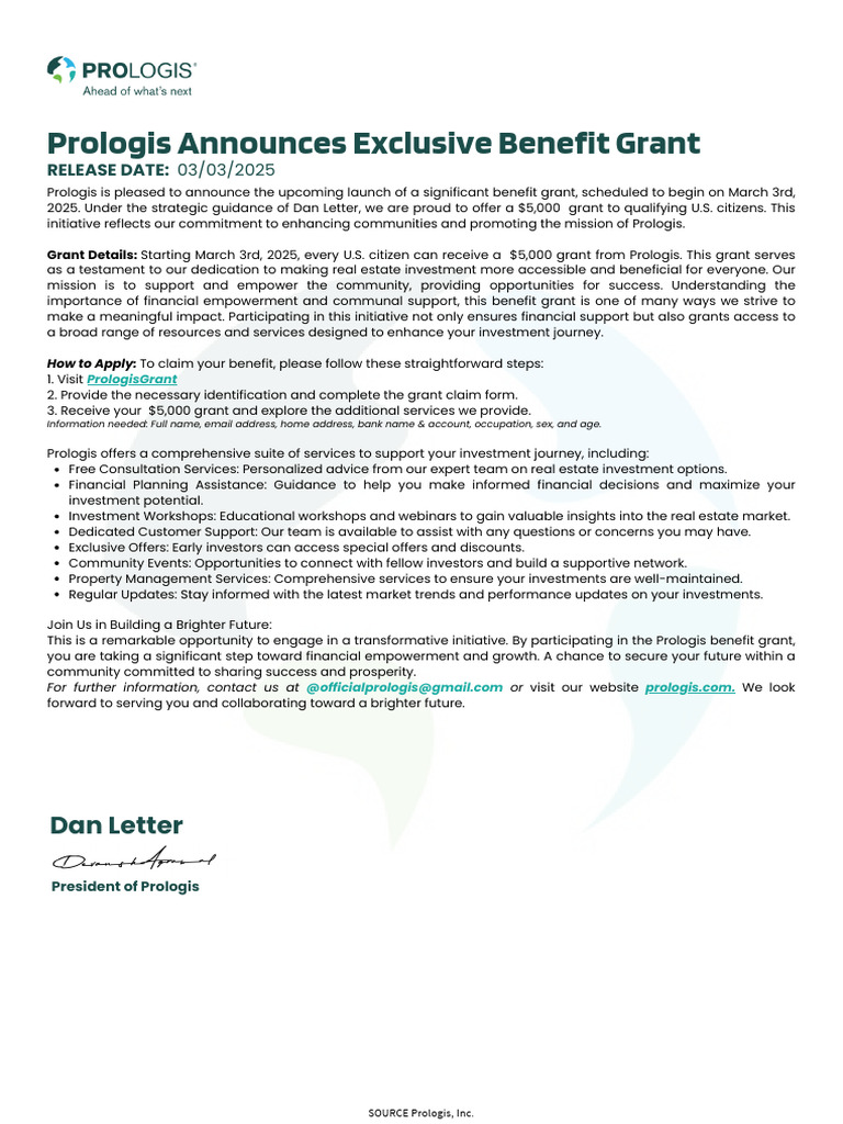 Prologis $5,000 Benefit Grant Launch | PDF | Investing | Empowerment