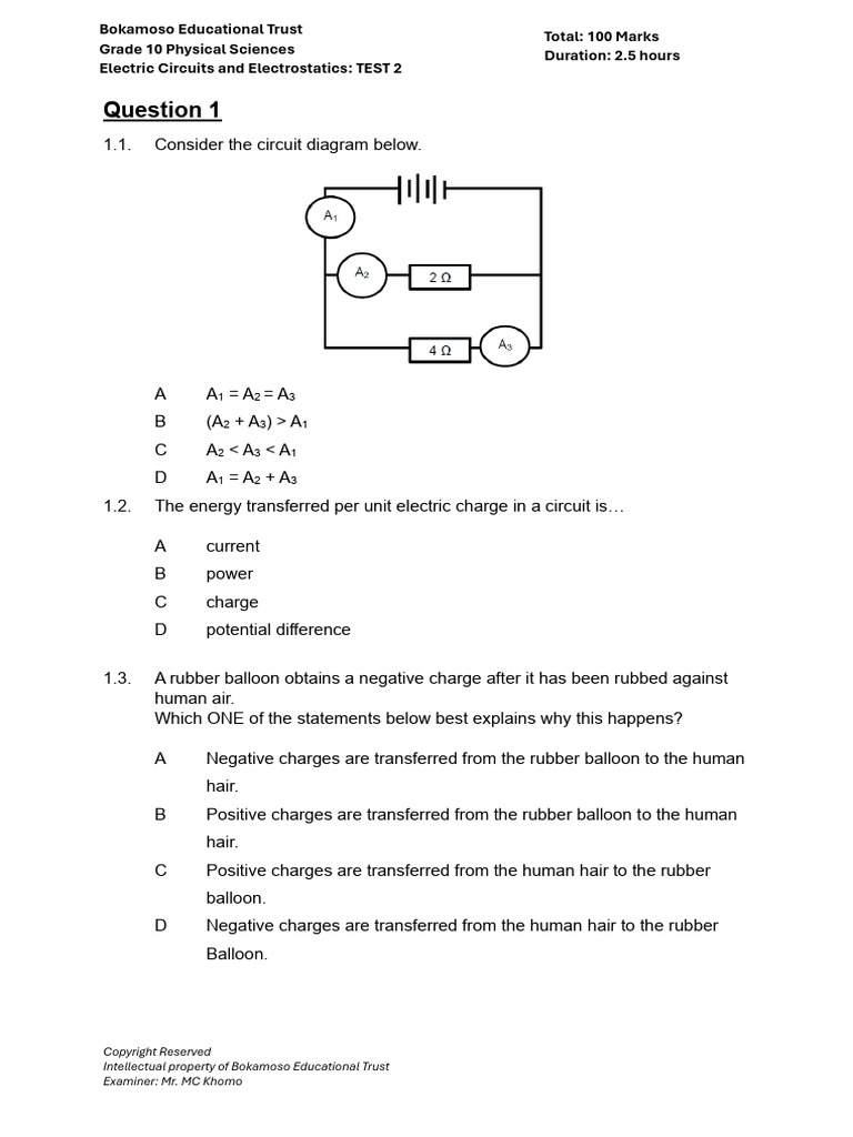 Grade 10 Physics Test: Circuits & Electrostatics | PDF