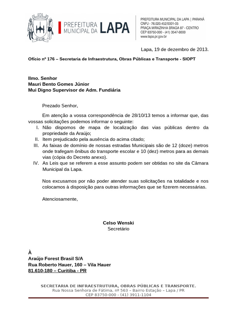 176 a Mauri Bento Gomes Júnior ref resposta oficio deles | PDF