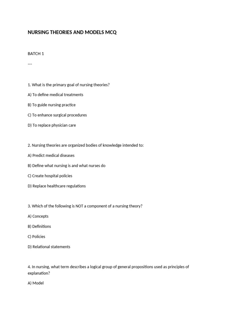 NURSING THEORIE AND MODELS MCQ | PDF | Nursing | Theory