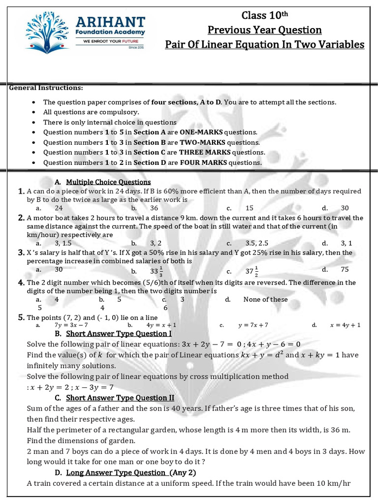 Class 10 Linear Equations Exam Paper | PDF | Equations | Length