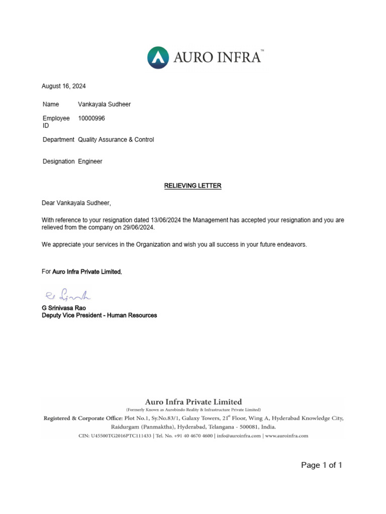 Vankayala Sudheer - Relieving Letter | PDF
