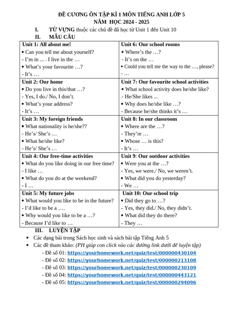 G5 ĐỀ CƯƠNG HK 1 | PDF