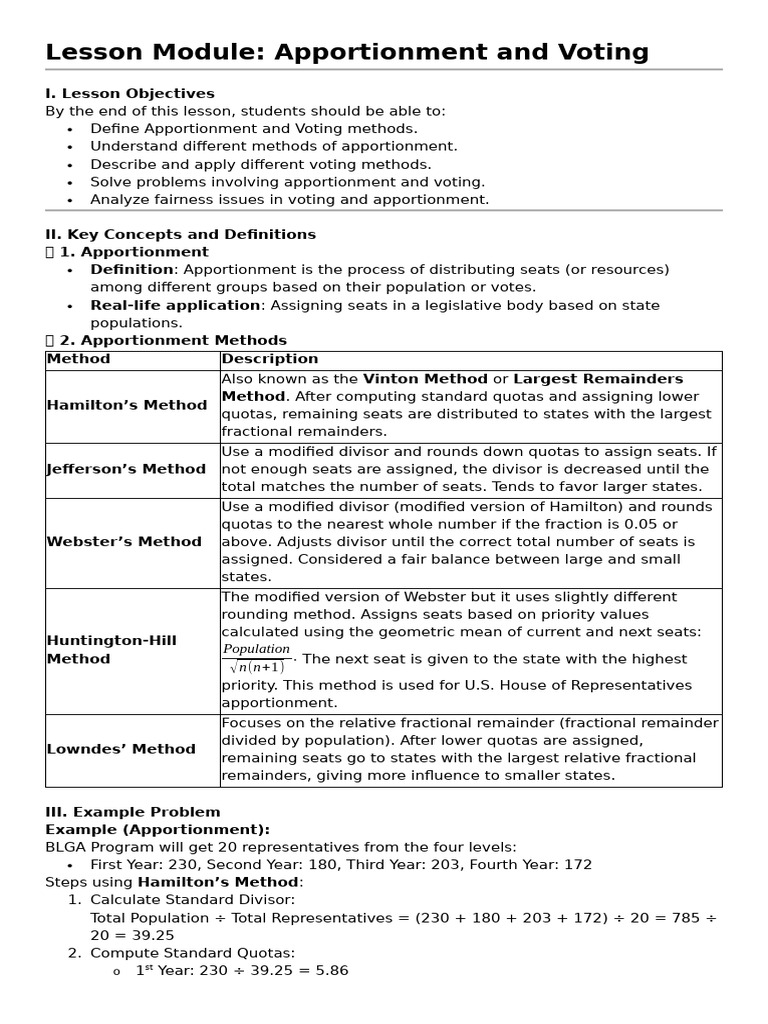 Module Apportionment and Voting W Answer | PDF | Voting | Political Events