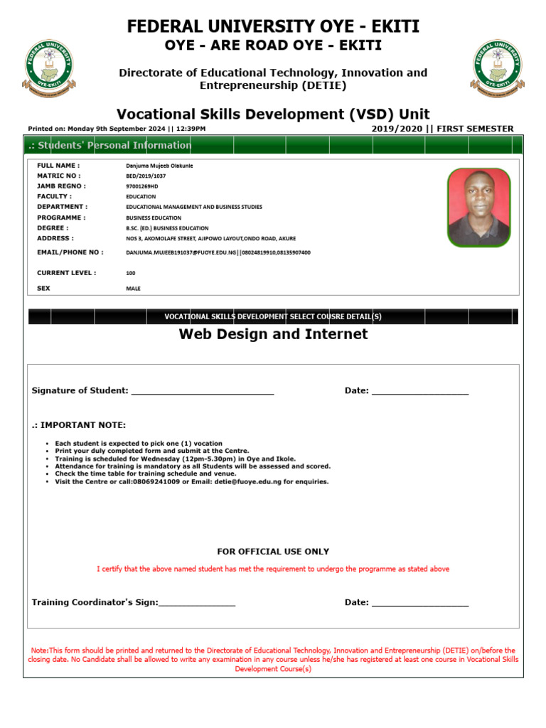 CEDISS Registration Form - Danjuma Mujeeb Olakunle - FIRST Semester 2019 - 2020 | PDF