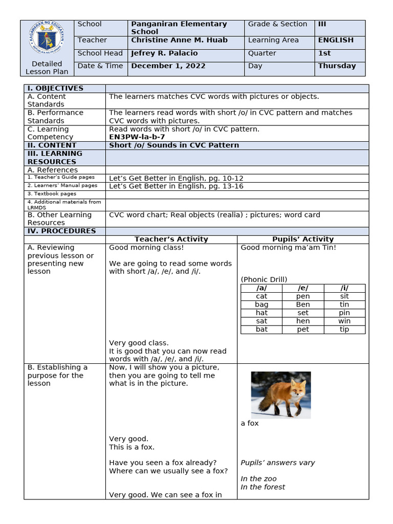 Lesson Plan in English 3 - Short o Sounds in CVC Pattern | PDF ...