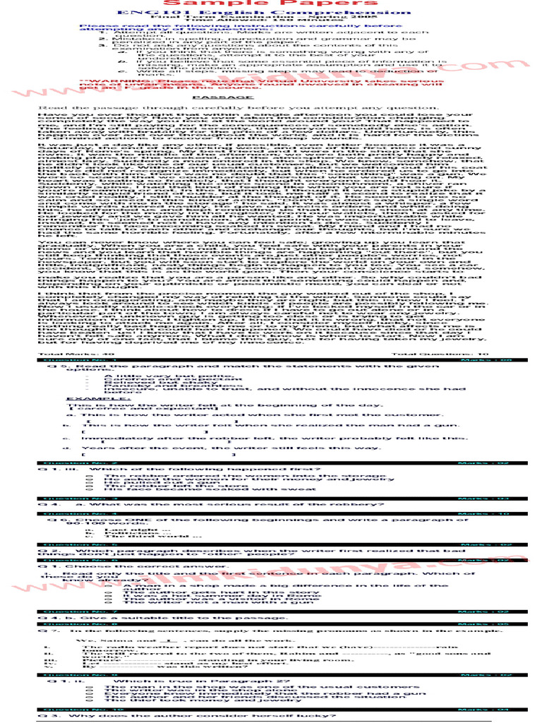 Eng 101 English Comprehension BBIT VU University Past Papers 2005 Final Term Spring | PDF