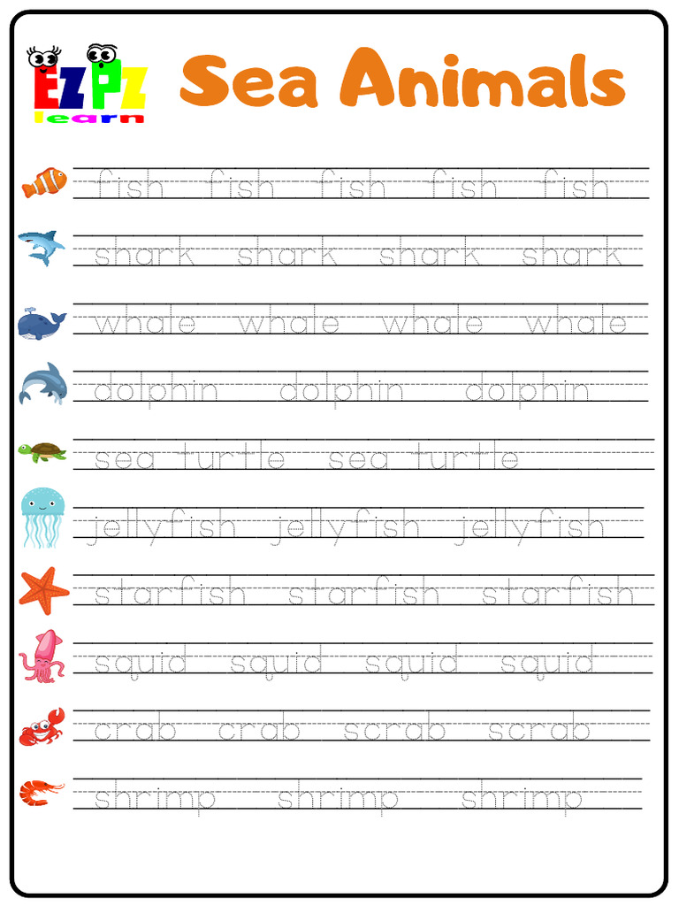 Sea Animals Tracing Worksheet 1 | PDF