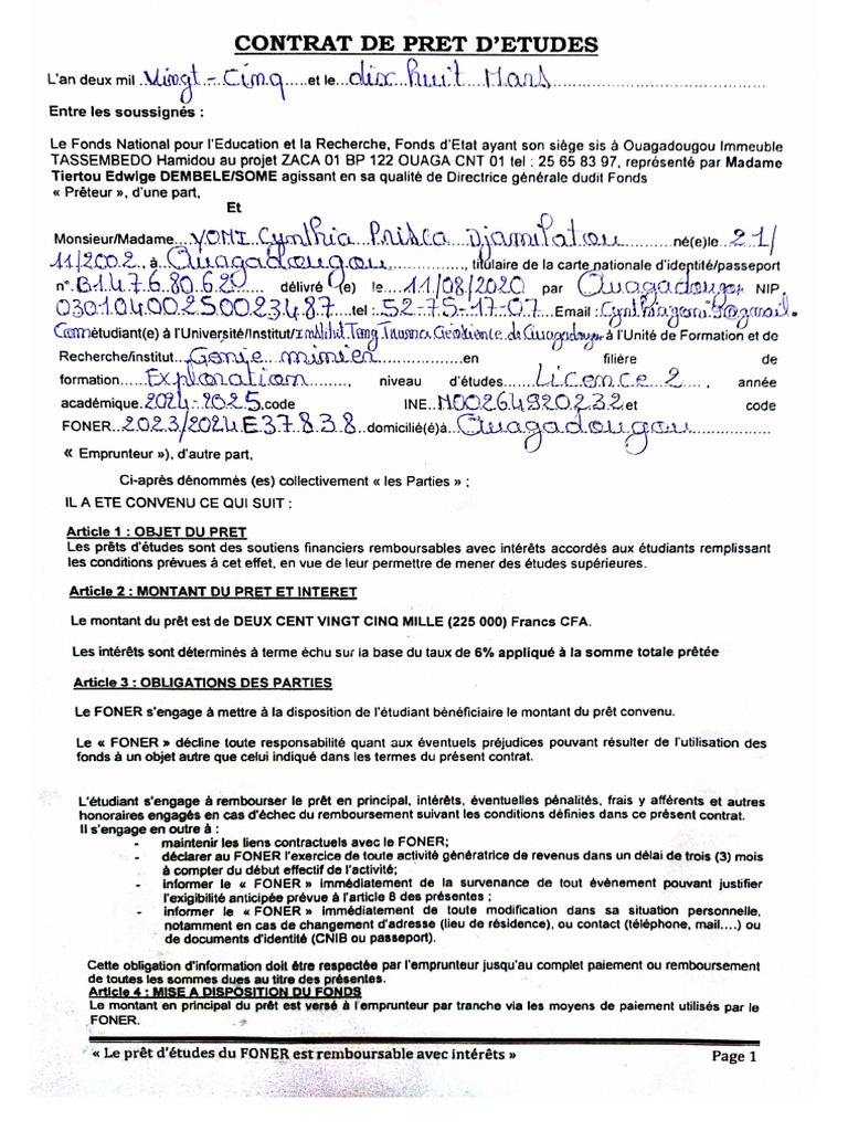 Contrat de Prêt Cynthia | PDF