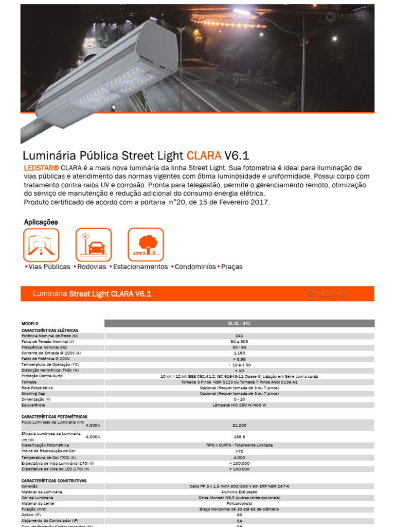 Datasheet_LEDSTAR_Luminaria_StreetLight_CLARA_V6.1_4K0_CEB | PDF | Eletricidade