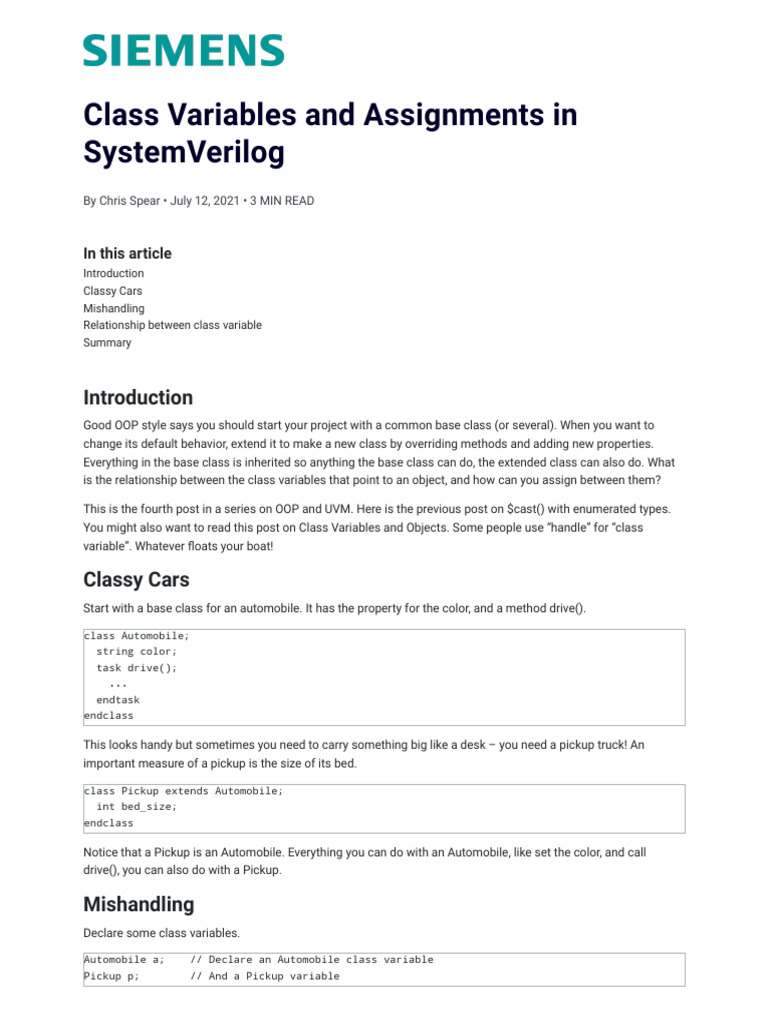 Class Variables and Assignments in SystemVerilog - Verification Horizons | PDF | Inheritance ...