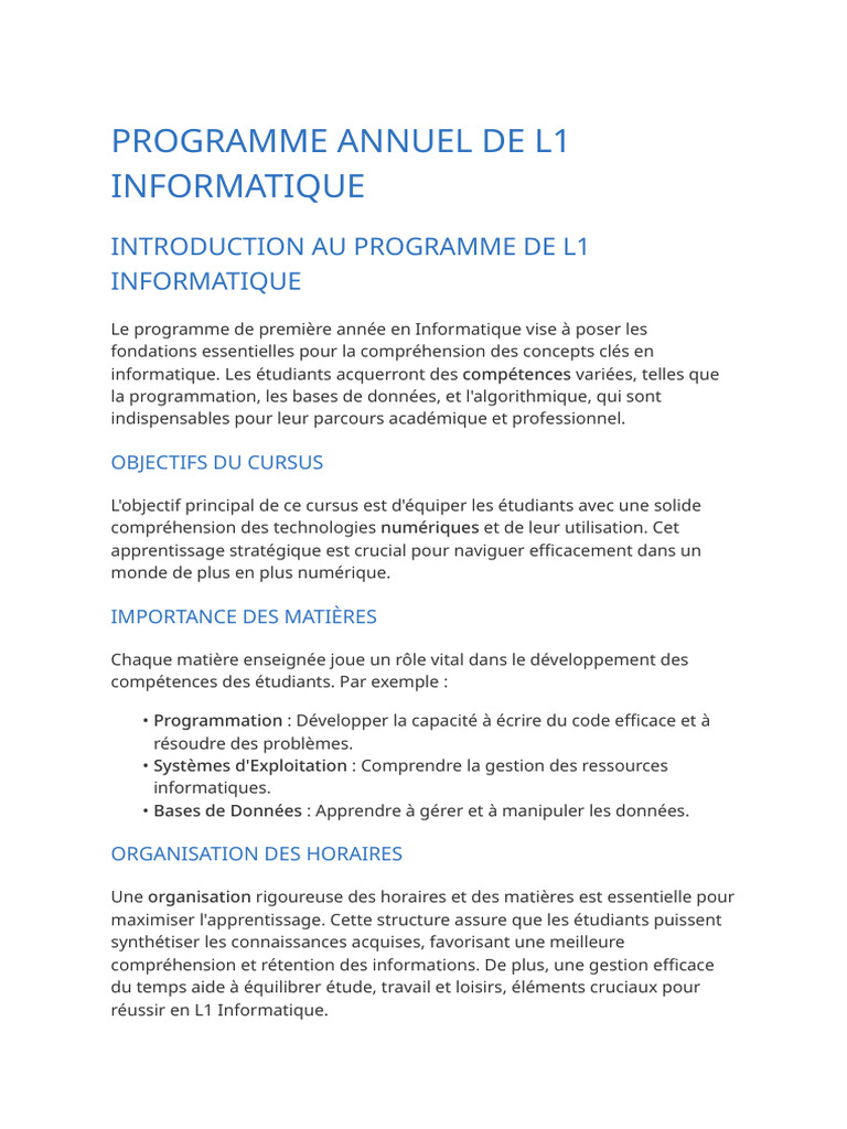 Programme Annuel de L1 Informatique | PDF | Bases de données | Enseignement des mathématiques